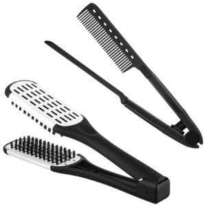 chengu 2 pcs boar bristle brushes - double sided clamp brush and flat iron comb for straightening knotty, unkempt hair (black white, black)