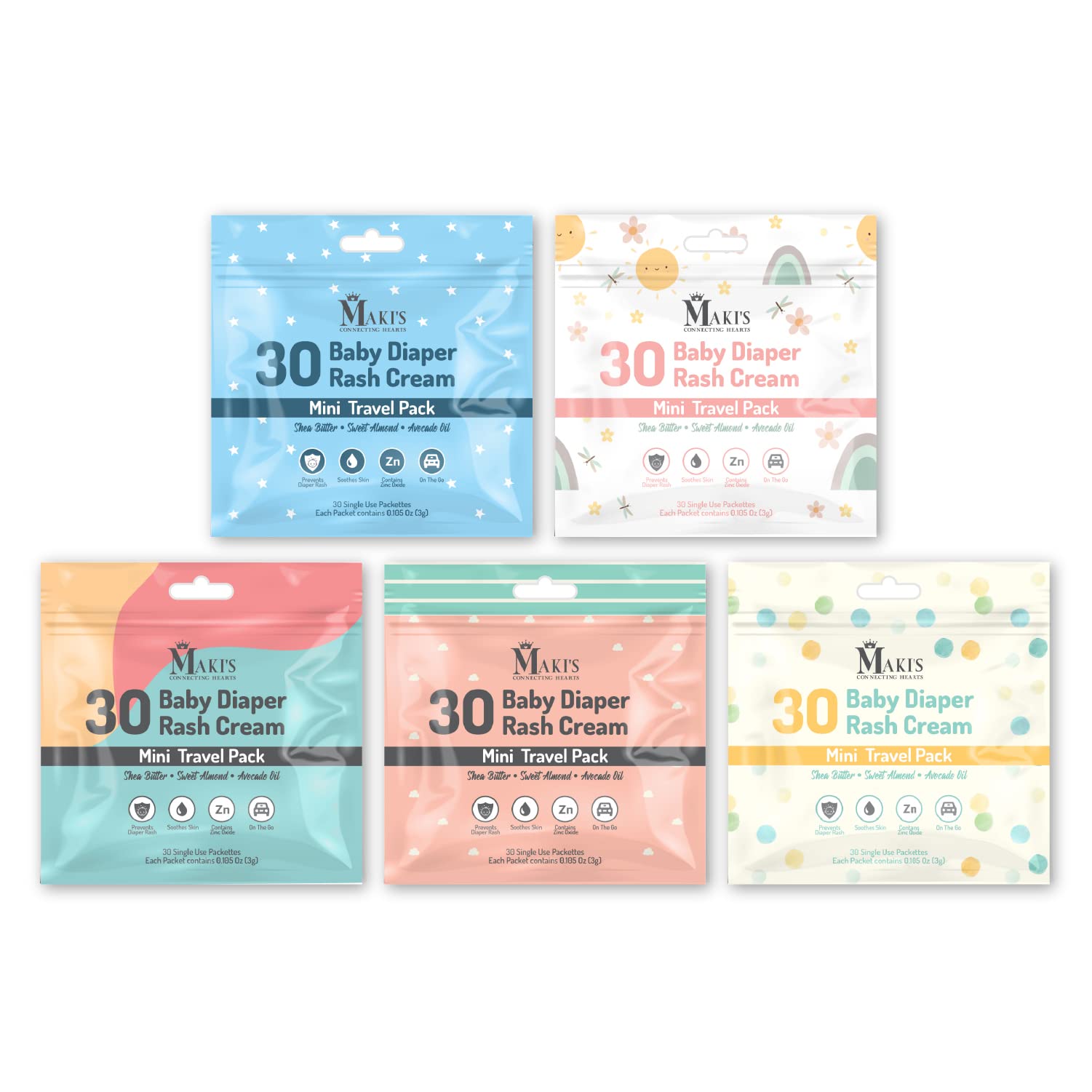 30 x Travel Size Diaper Rash Cream | Individually Wrapped Packets | Travel Size Diaper Cream and Ointment for Treatment & Prevention of Diaper Rash | Safe for Baby's Sensitive & Delicate Skin (Tricolor)