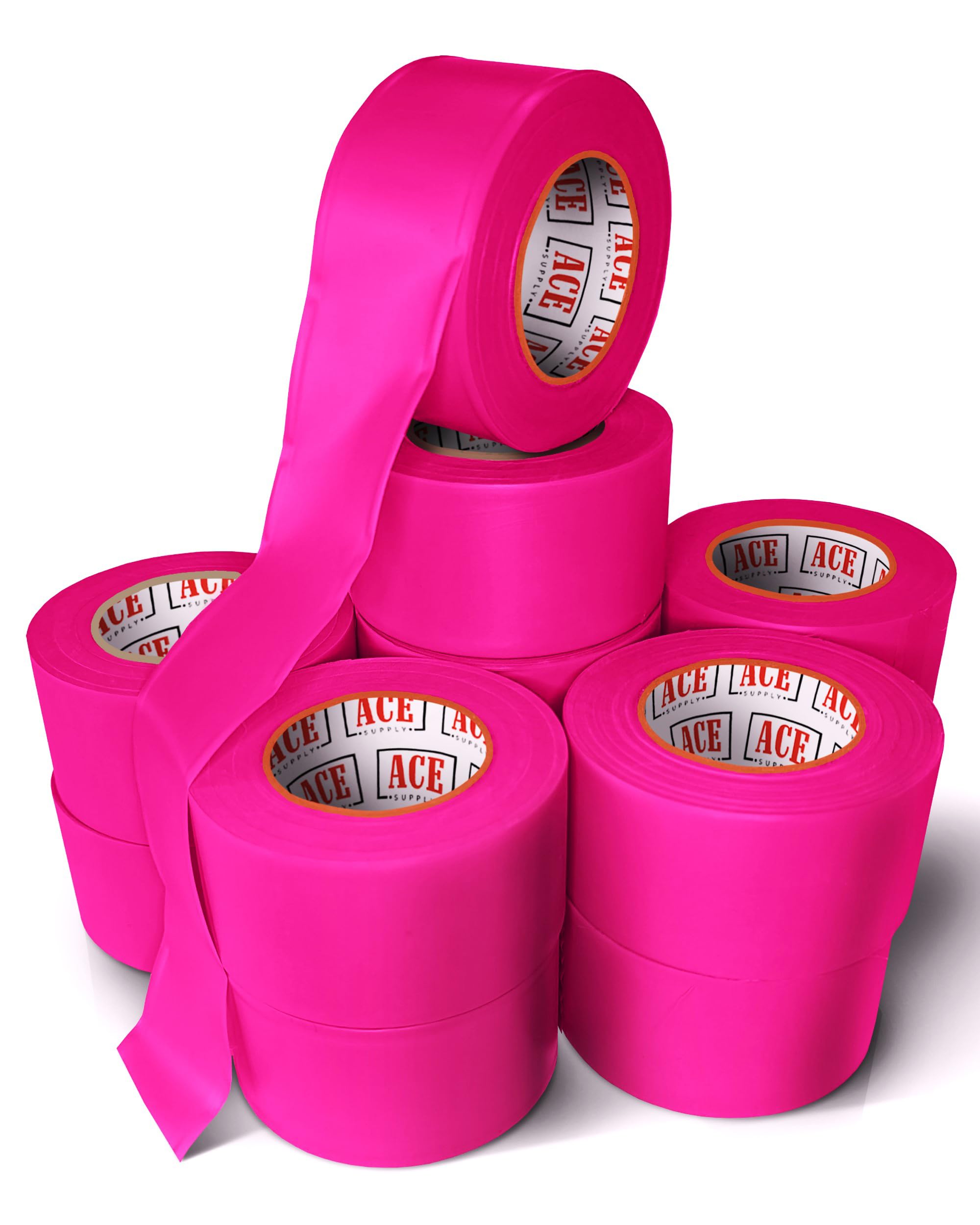 ACE Supply Pink Flagging Tape Survey Tape - Non-Adhesive 12 Pack - 1.5" Width, 150' Length, 2 Mil - Tree Tape for Branches, Surveyors Tape, Flag Tape