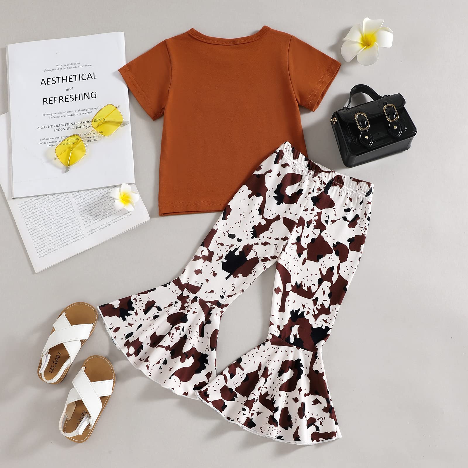 vchoohce Toddler Baby Girls Outfit Short Sleeve Letter Print T-shirt Top Flare Bell-Bottoms Pants 2Pcs Summer Clothes Set (Babe-Brown+Cow,3-4T)