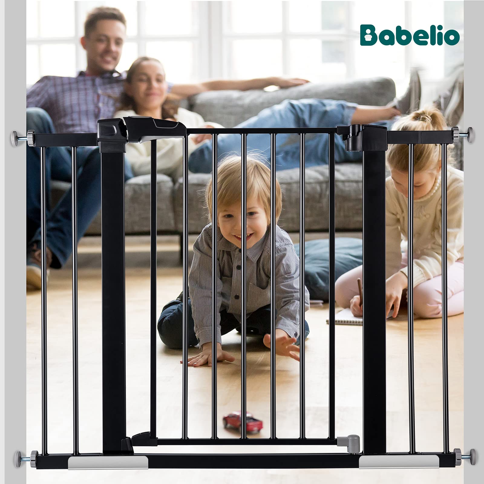 BABELIO 26-43 Inch Easy Install Extra Wide Pressure Mounted Metal Baby Gate, No Drilling, No Tools Required, with Wall Protectors and Extenders (Black)