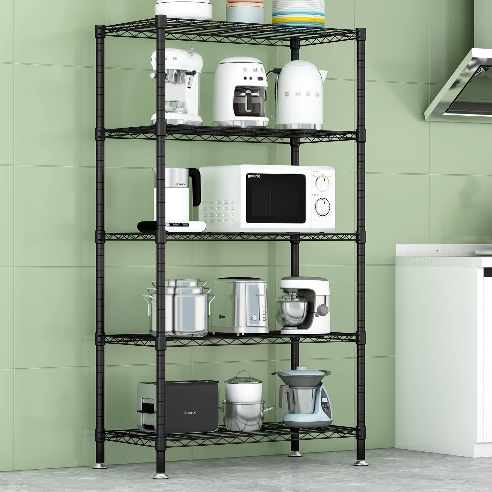 SUOERNUO Wire Shelving Unit 5 Tier Wire Metal Shelf Organizer Wire Rack Large Garage Storage Shelves Heavy Duty Adjustable Unit Rack Utility for Kitchen Bathroom (35.4Lx17.7Wx65.3H) Black