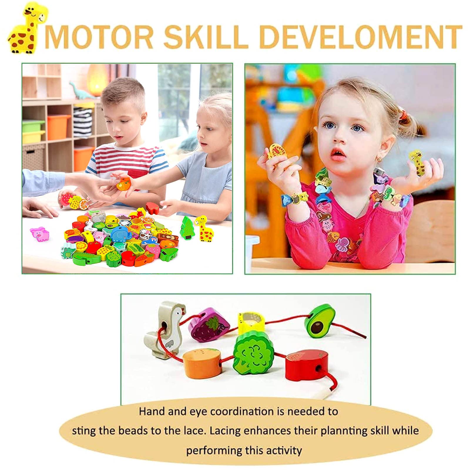 Intsinzi 46 PCS Montessori Wooden Lacing Beads Toys for Toddlers,Educational Stringing Animals Fruits Farm Threading Beads Preschool Learning Toys for Kids 3 4 5 6 Year Old Boys Girls…