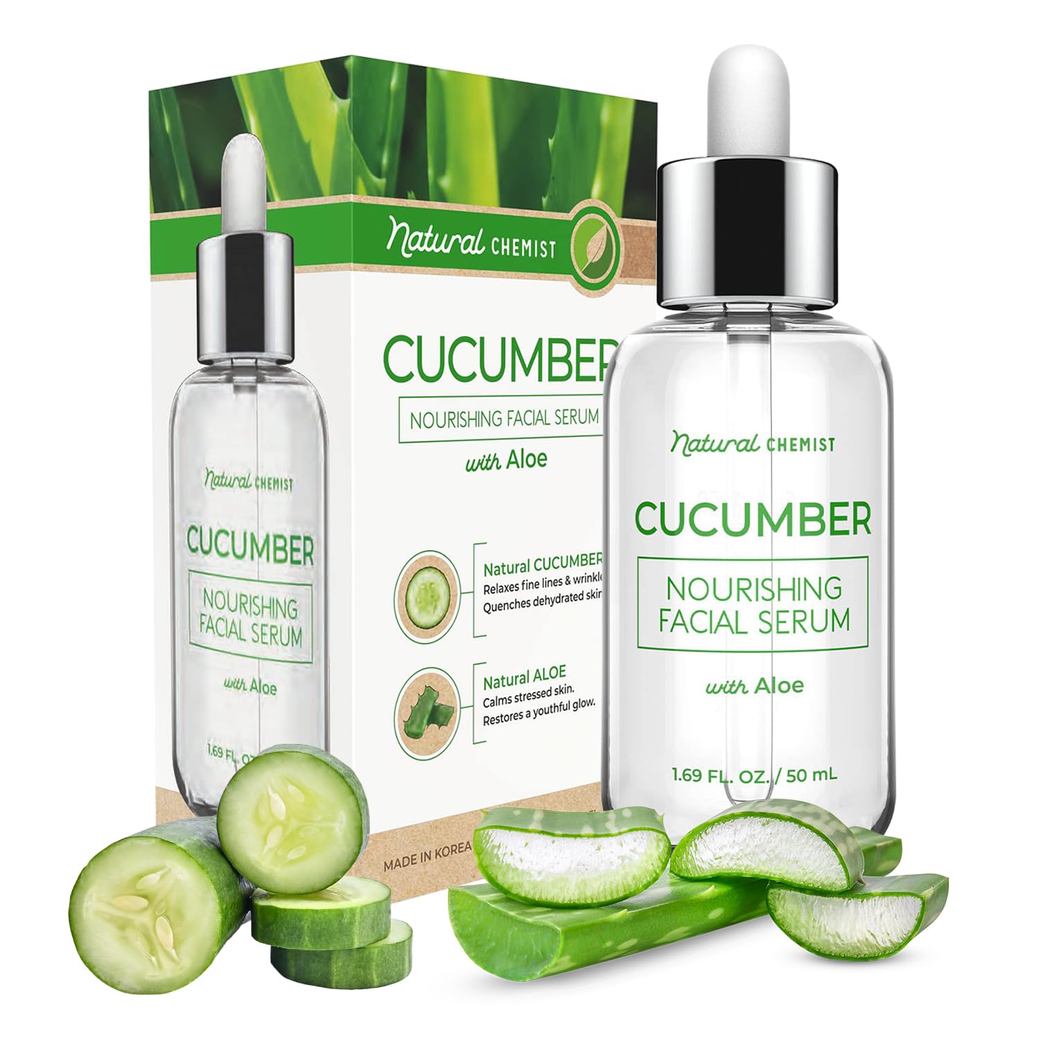 Natural Chemist Cucumber & Aloe Face Serum - Dermatologist Tested, Hydrates & Moisturizes Dry Skin, Reduces Redness, Soothing, Anti-Aging, Cruelty Free Korean Skin Care For All Skin Types - 1.69 oz