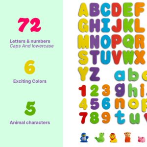 Toddlers ABC Bath Toys - Premium Eva Foam Floating Alphabet and Numbers with 5 Animal Characters - 6 Vibrant Colors of Caps and Lowercase Letters - Colorful Water Learning Playtoys for Kids | 77 Pack