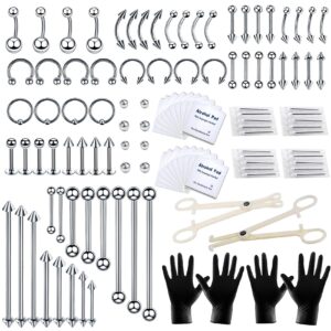 tustrion 118pcs piercing kit for all body piercings stainless steel piercing jewelry 14g 16g jewelry for ear cartilage tragus nose septum lip nipple piercing tools