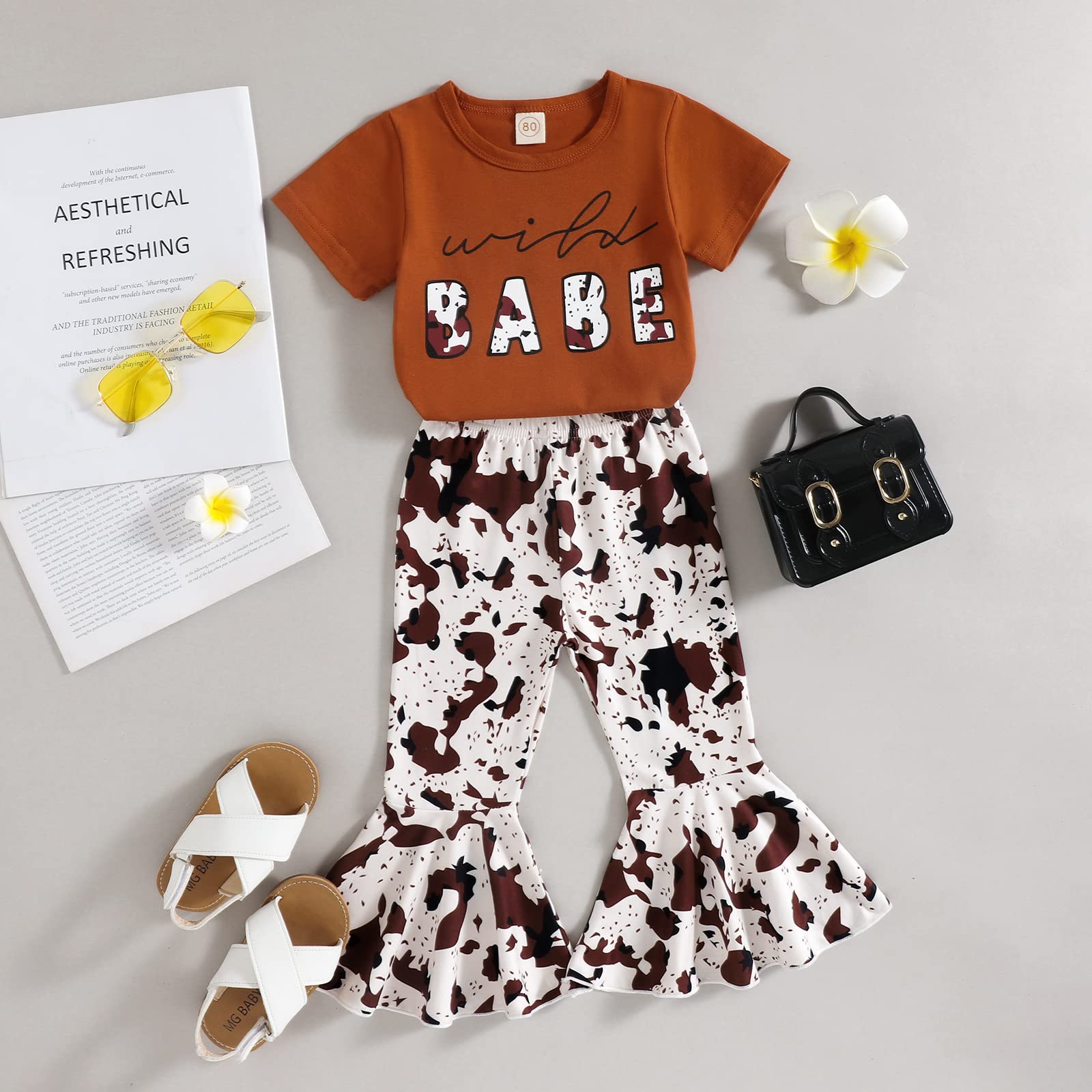 vchoohce Toddler Baby Girls Outfit Short Sleeve Letter Print T-shirt Top Flare Bell-Bottoms Pants 2Pcs Summer Clothes Set (Babe-Brown+Cow,3-4T)