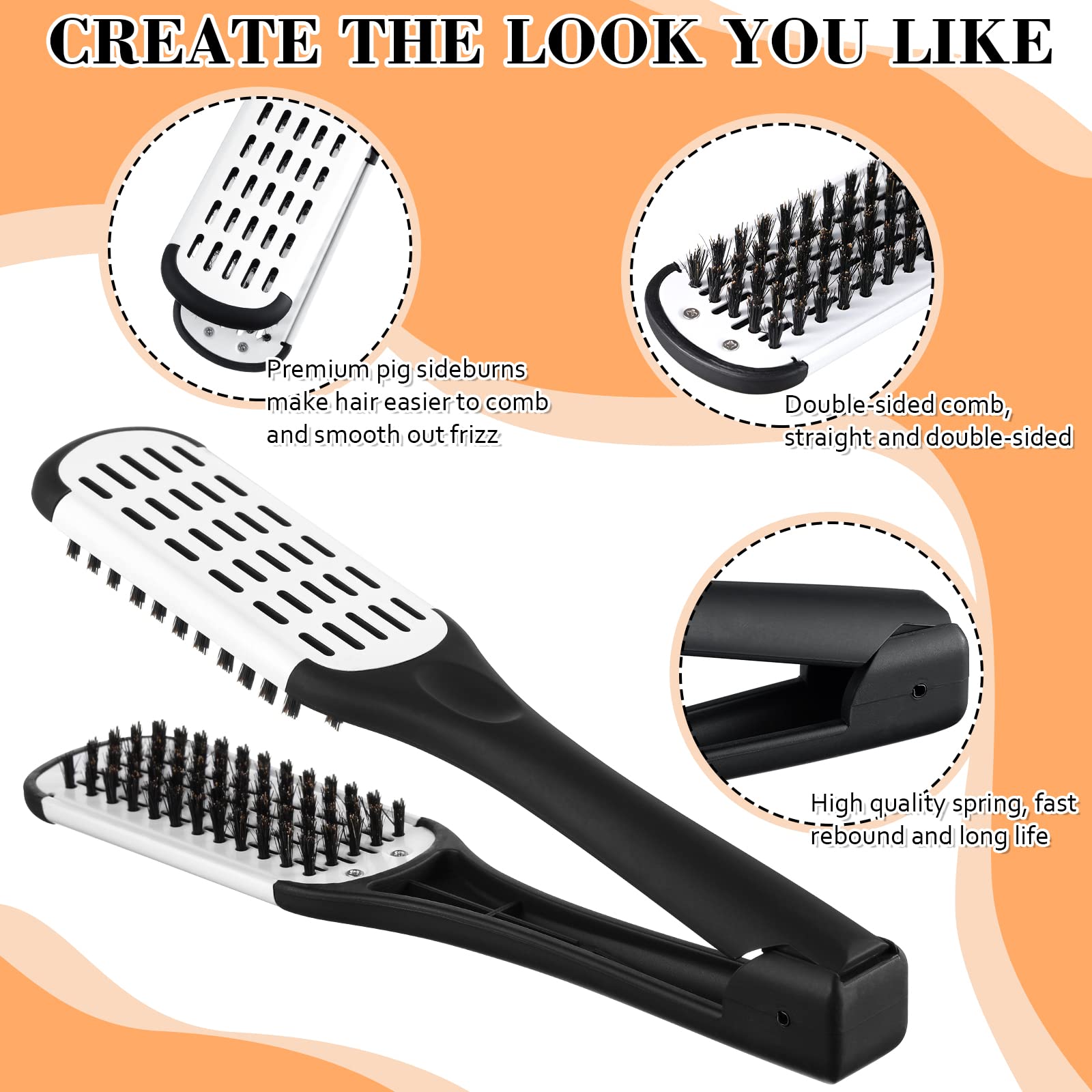 Chengu 2 Pcs Boar Bristle Brushes - Double Sided Clamp Brush and Flat Iron Comb for Straightening Knotty, Unkempt Hair (Black White, Black)