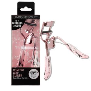 japonesque comfort grip lash curler for natural & false lashes, round shaped eyes, includes 1 refill pad, holds curl up to 8 hours