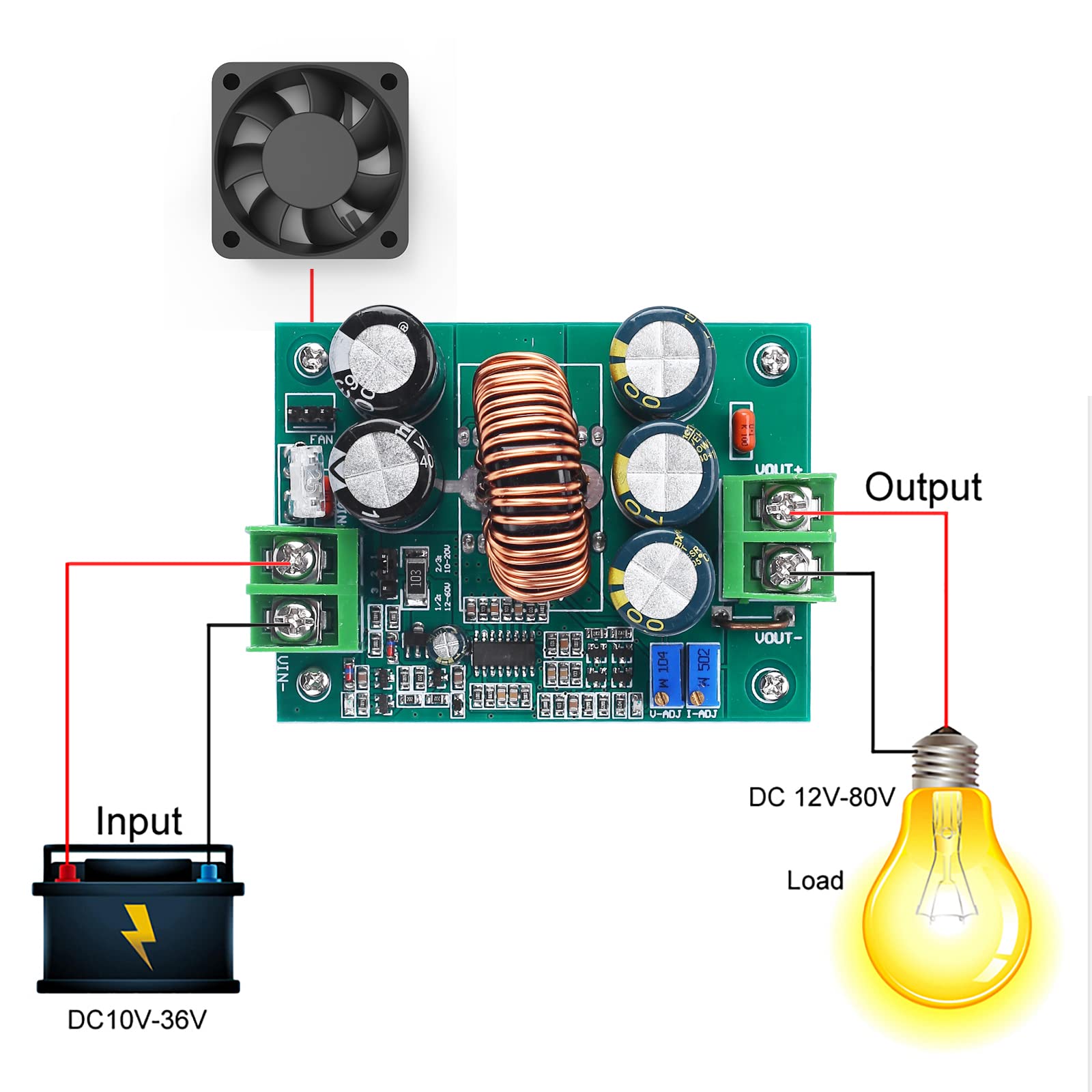 720W High Power DC to DC Boost Converter, PEMENOL DC 10-36V to 12-80V Boost Module Step-up Transformer, Adjustable Charging Power Supply for Electric Vehicles and Solar Power