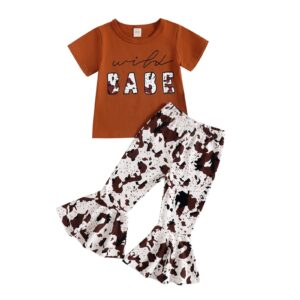 vchoohce toddler baby girls outfit short sleeve letter print t-shirt top flare bell-bottoms pants 2pcs summer clothes set (babe-brown+cow,3-4t)