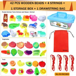 Intsinzi 46 PCS Montessori Wooden Lacing Beads Toys for Toddlers,Educational Stringing Animals Fruits Farm Threading Beads Preschool Learning Toys for Kids 3 4 5 6 Year Old Boys Girls…