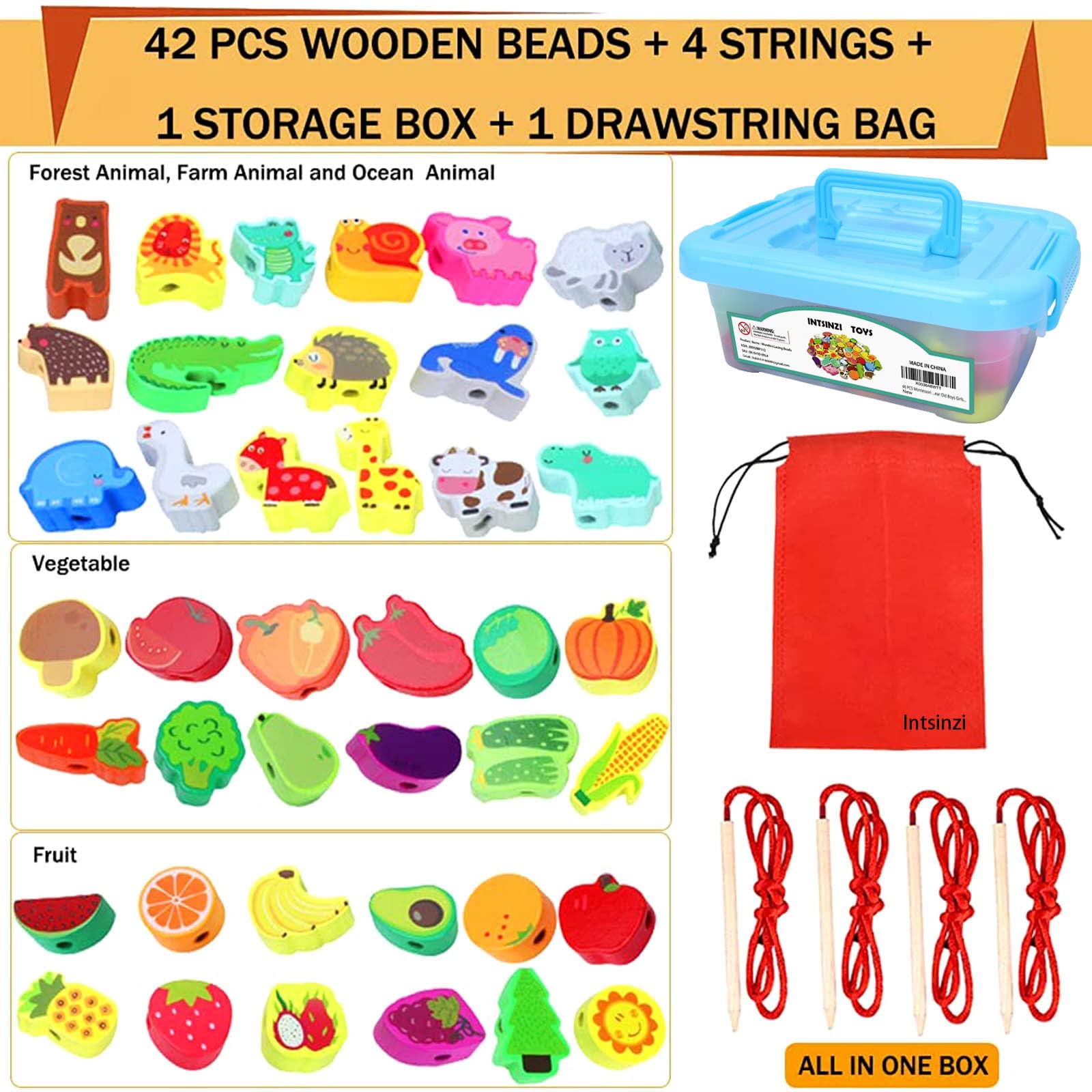 Intsinzi 46 PCS Montessori Wooden Lacing Beads Toys for Toddlers,Educational Stringing Animals Fruits Farm Threading Beads Preschool Learning Toys for Kids 3 4 5 6 Year Old Boys Girls…