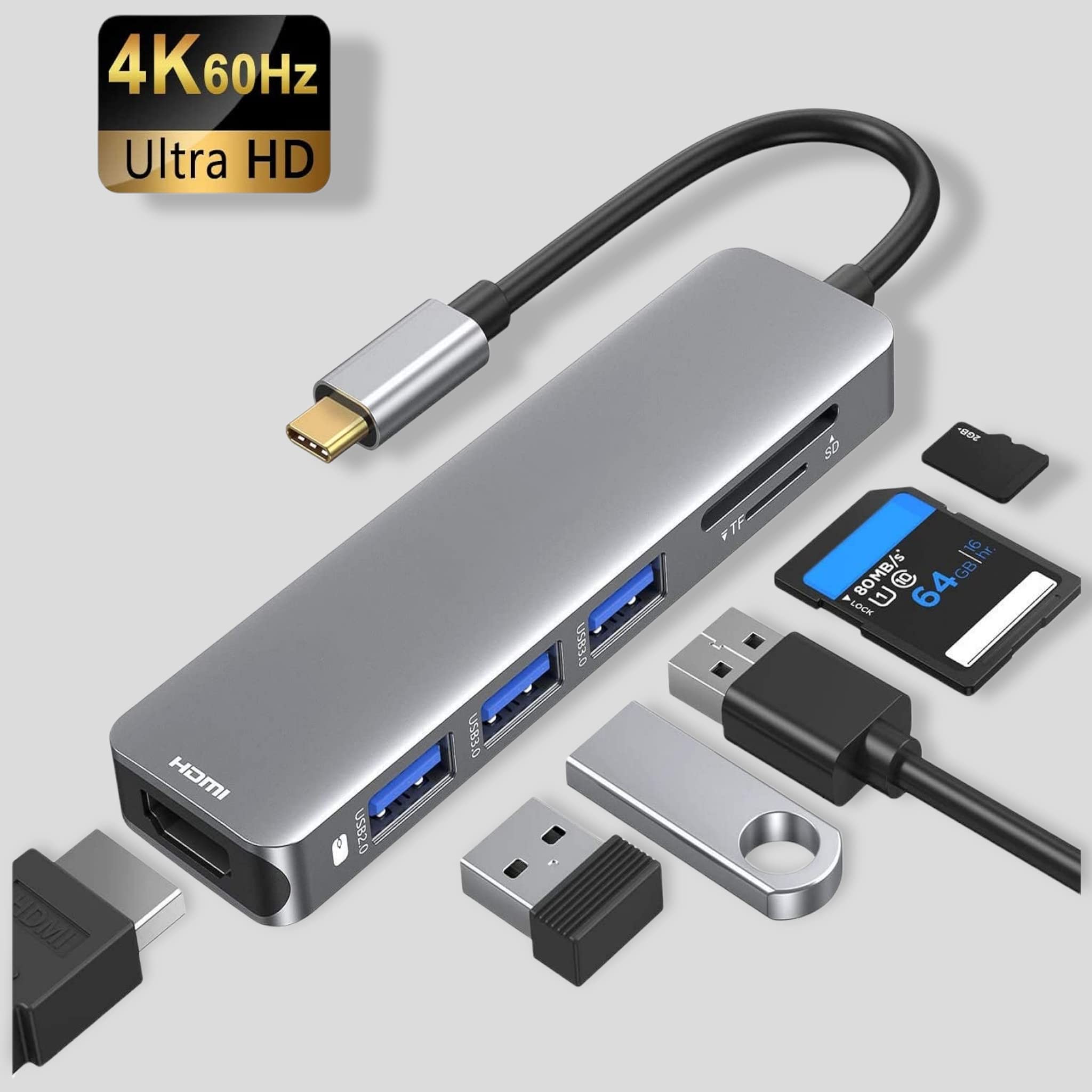 6 in 1 USB C Hub + Card Reader 4K Ultra HD with 3 Port USB and HDMI 4K Slot for Laptops, by SPARICA Desktops and Mobile Phones