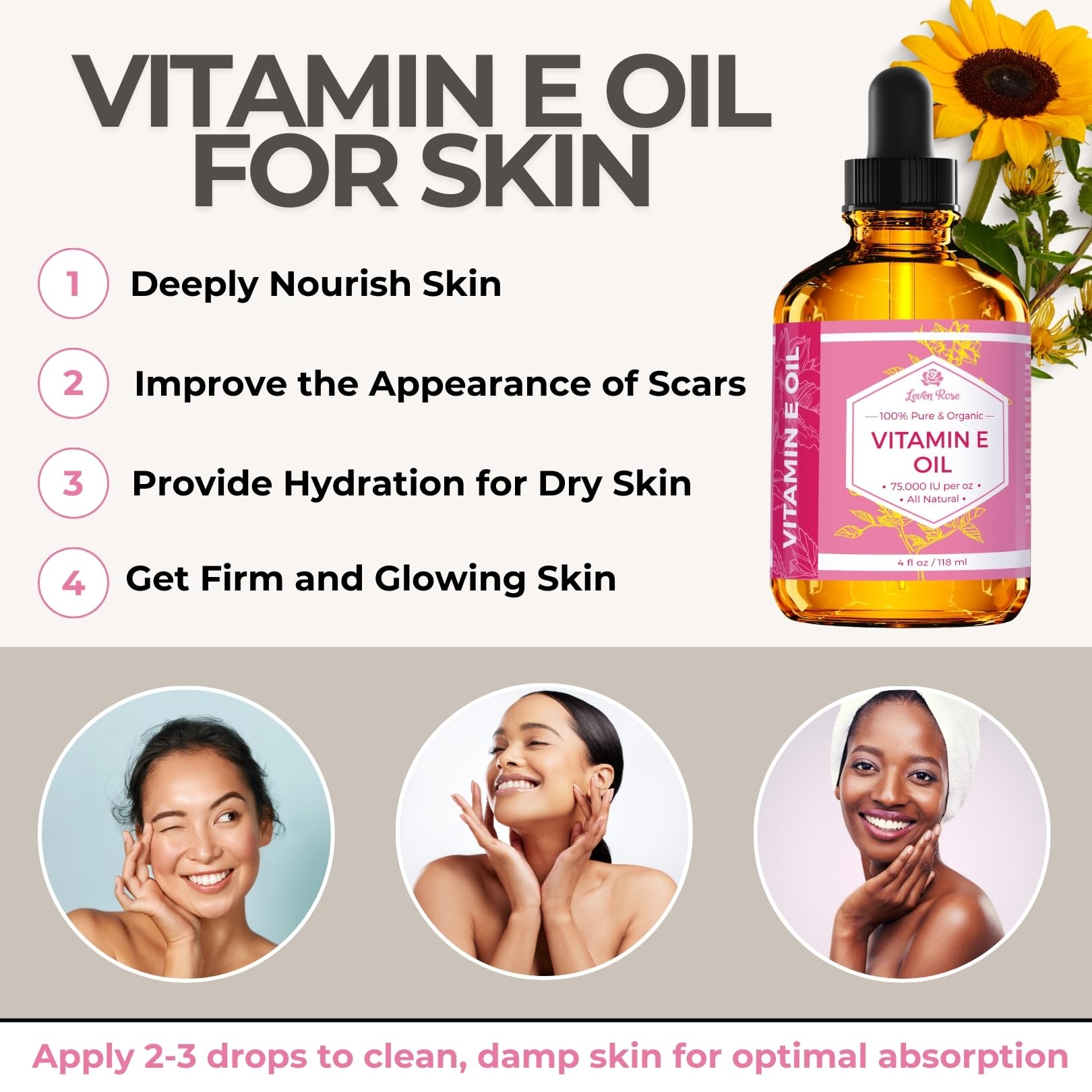 Vitamin E Oil by Leven Rose 75,000 IU per oz 100% Natural, Organic, Pure Vitamin E Oil for Skin, Face, Hair, Nails, and Scars, 4 oz