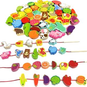 intsinzi 46 pcs montessori wooden lacing beads toys for toddlers,educational stringing animals fruits farm threading beads preschool learning toys for kids 3 4 5 6 year old boys girls…