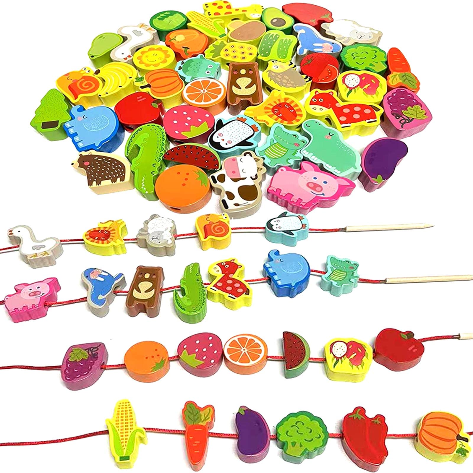 Intsinzi 46 PCS Montessori Wooden Lacing Beads Toys for Toddlers,Educational Stringing Animals Fruits Farm Threading Beads Preschool Learning Toys for Kids 3 4 5 6 Year Old Boys Girls…