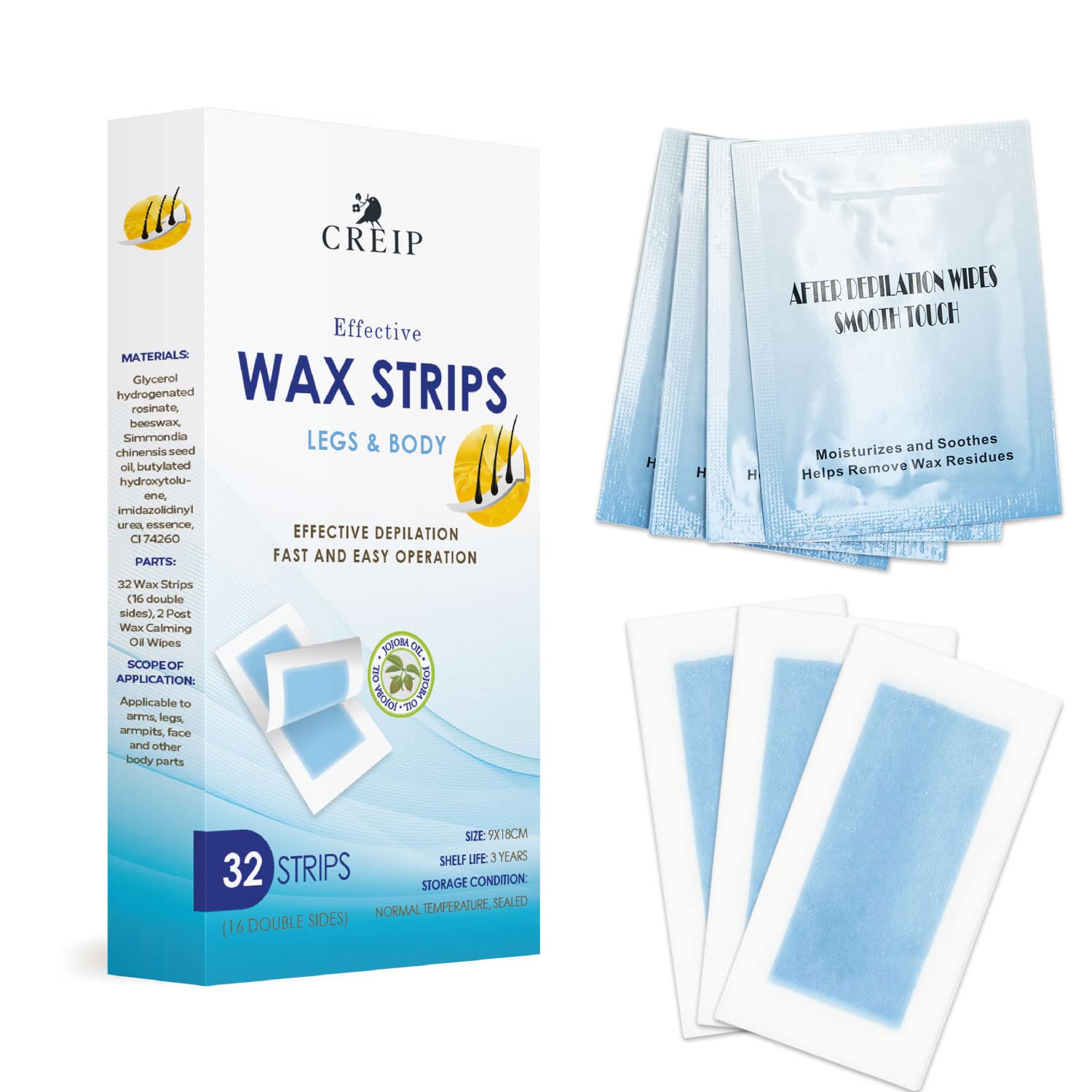 Creip Wax Strips, Hair Removal Wax Strips For Arm, Leg, Brazilian, Underarm Hair, Bikini, Waxing Kit with 32 Wax Strips