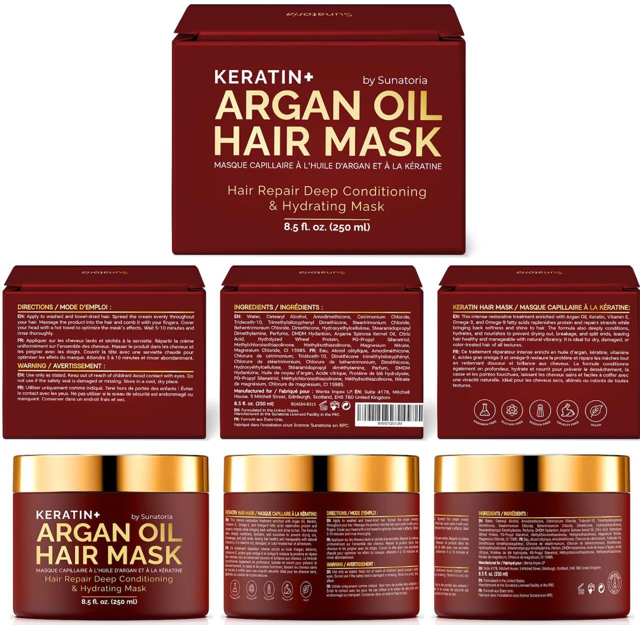 SUNATORIA Hair Mask with Keratin & Argan Oil - Conditioner for Dry, Damaged, Frizzy Hair & Split Ends - Hair Treatment Serum for Hair Repair & Hydrating - 8.5 Fl Oz