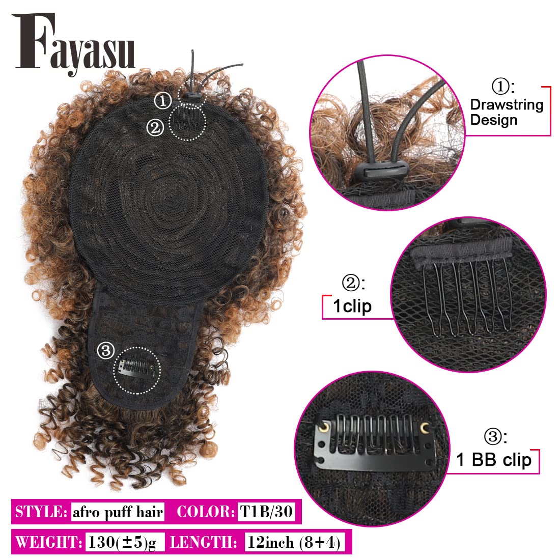 Fayasu Afro Puff Drawstring Ponytail with Kinky Curly Hair Clip in Bangs Short Ponytail Extension Black Girl Updo Hairpieces for Black Women (T30)