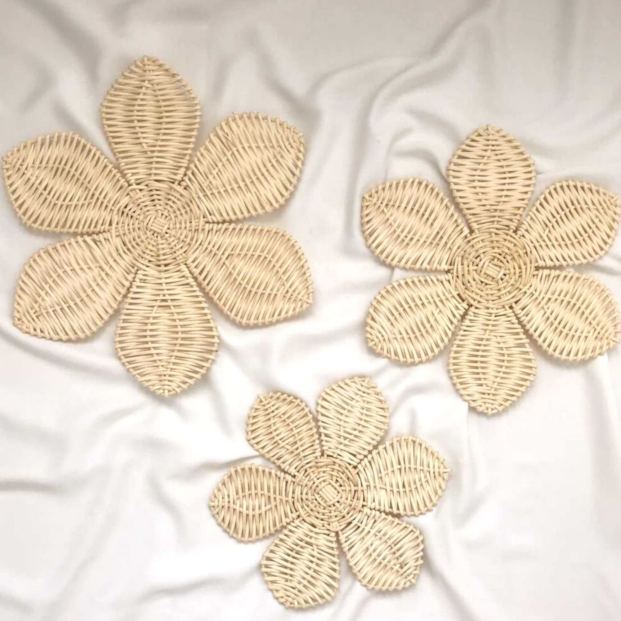 Boho Baby Girl Nursery Wall Decor - Boho Nursery Decor Neutral - Flower Wall Decor for Girls Bedroom - Set of 3 Wicker Daisy Flowers Rattan Wall Decor by Soul+Sass