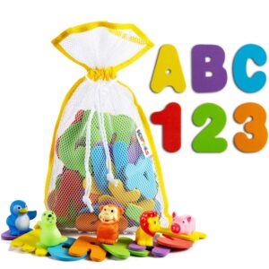 toddlers abc bath toys - premium eva foam floating alphabet and numbers with 5 animal characters - 6 vibrant colors of caps and lowercase letters - colorful water learning playtoys for kids | 77 pack