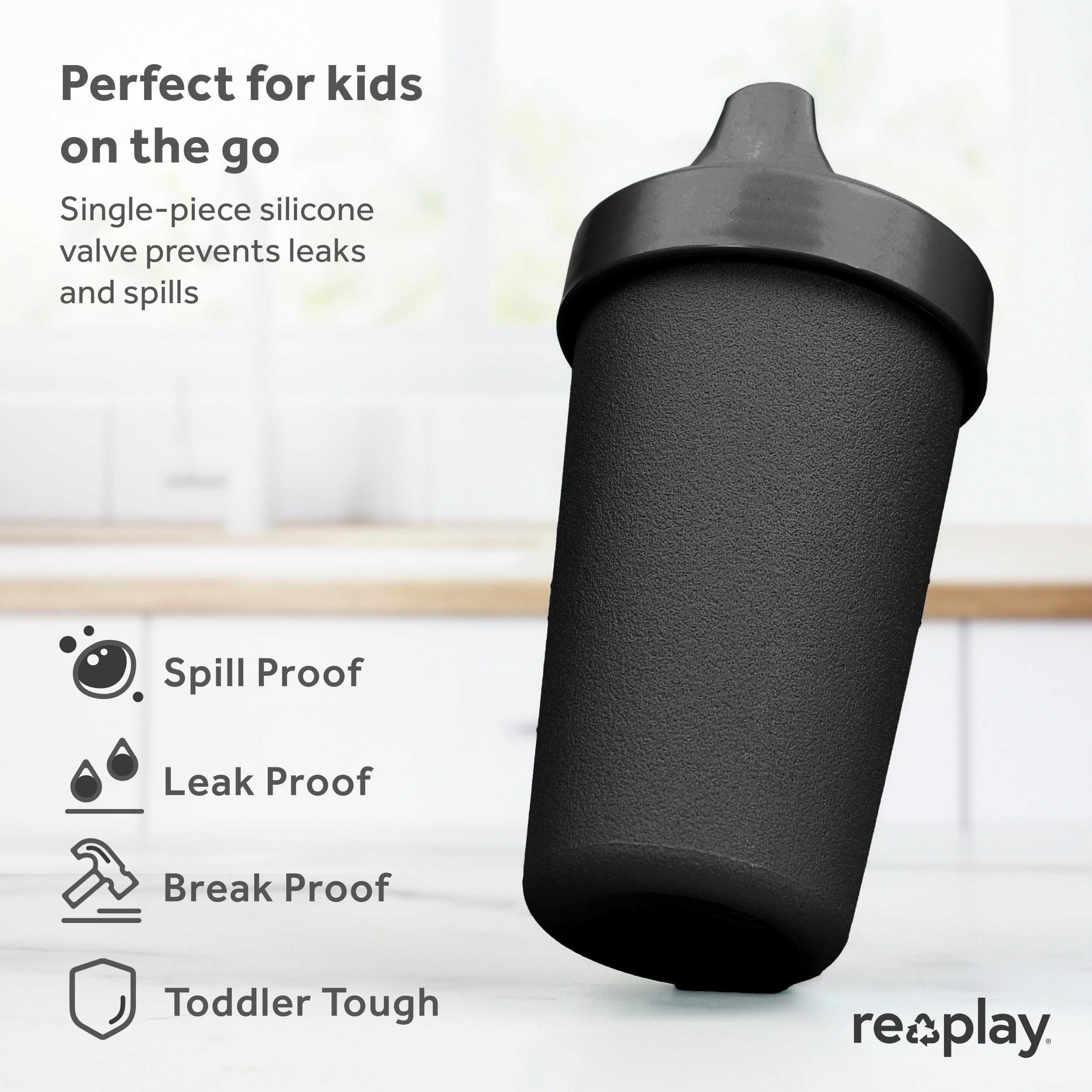 Re-Play Made in USA 10 Oz. Sippy Cups for Toddlers, Pack of 1 - Reusable Spill Proof Cups for Kids, Dishwasher/Microwave Safe - Hard Spout Sippy Cups for Toddlers 3.13" x 6.25", Black