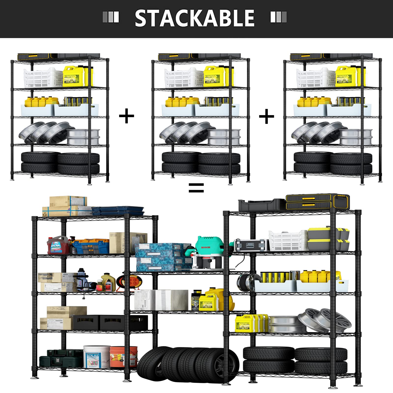 SUOERNUO Wire Shelving Unit 5 Tier Wire Metal Shelf Organizer Wire Rack Large Garage Storage Shelves Heavy Duty Adjustable Unit Rack Utility for Kitchen Bathroom (35.4Lx17.7Wx65.3H) Black