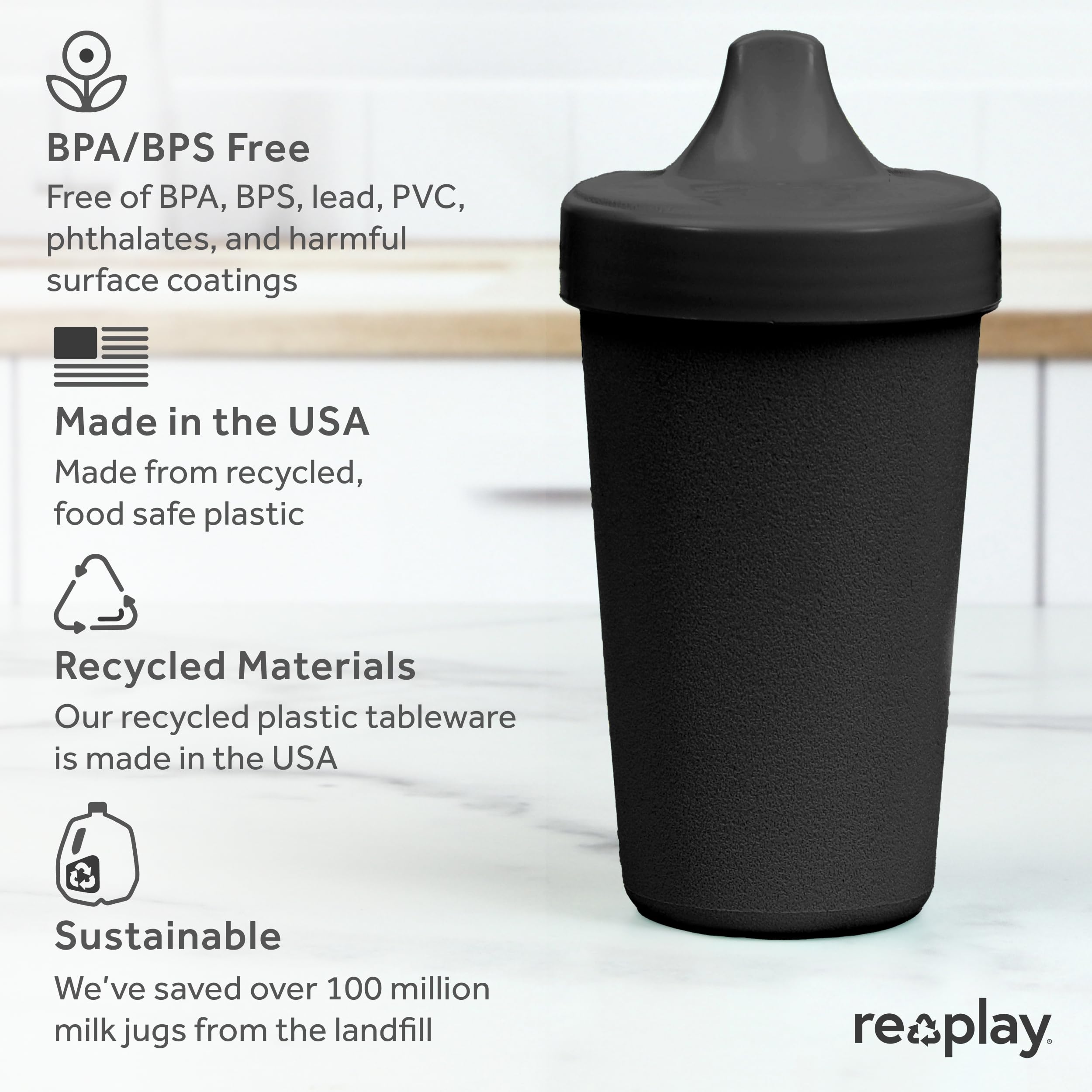 Re-Play Made in USA 10 Oz. Sippy Cups for Toddlers, Pack of 1 - Reusable Spill Proof Cups for Kids, Dishwasher/Microwave Safe - Hard Spout Sippy Cups for Toddlers 3.13" x 6.25", Black