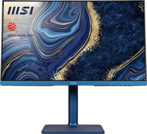 msi modern md241p ultramarine, 24" monitor, 1920 x 1080 (fhd), ips, 75hz, tuv certified eyesight protection, 5ms, hdmi, usb c, tilt, swivel, height adjustable, pivot