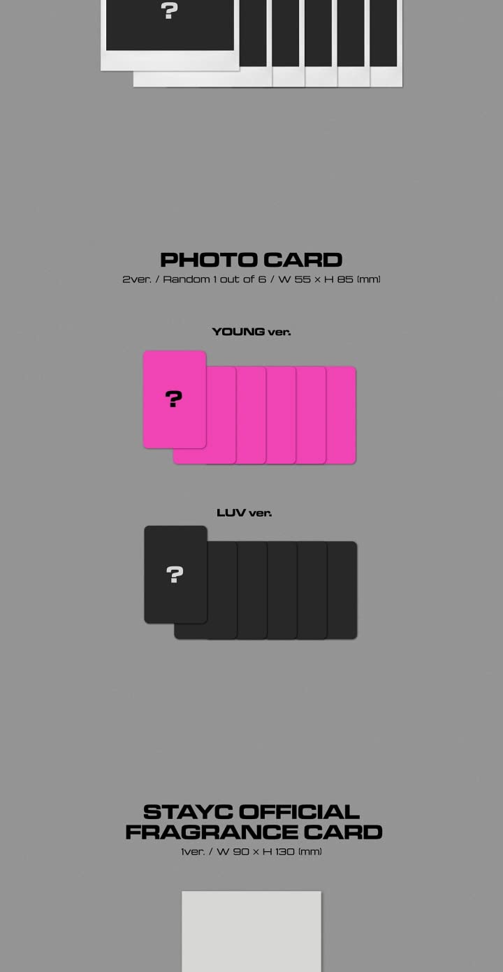 STAYC YOUNG-LUV.COM 2nd Mini Album 2 Version SET CD+1p Folding Poster On Pack+1p Wide Polaroid+1p PhotoCard+1p Fragrance Card+1p Lettering Tattoo Sticker+1p AR Card+Tracking Kpop Sealed