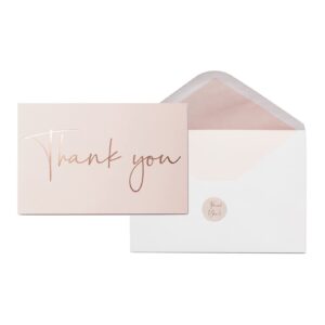 All Ewired Up 50 Thank You Cards and Envelopes, Rose Gold Foil Letterpress Light Pink Blush, Color Interior Envelope and Rose Gold Sealing Sticker, Wedding Bridal Baby Shower, Any Occasion