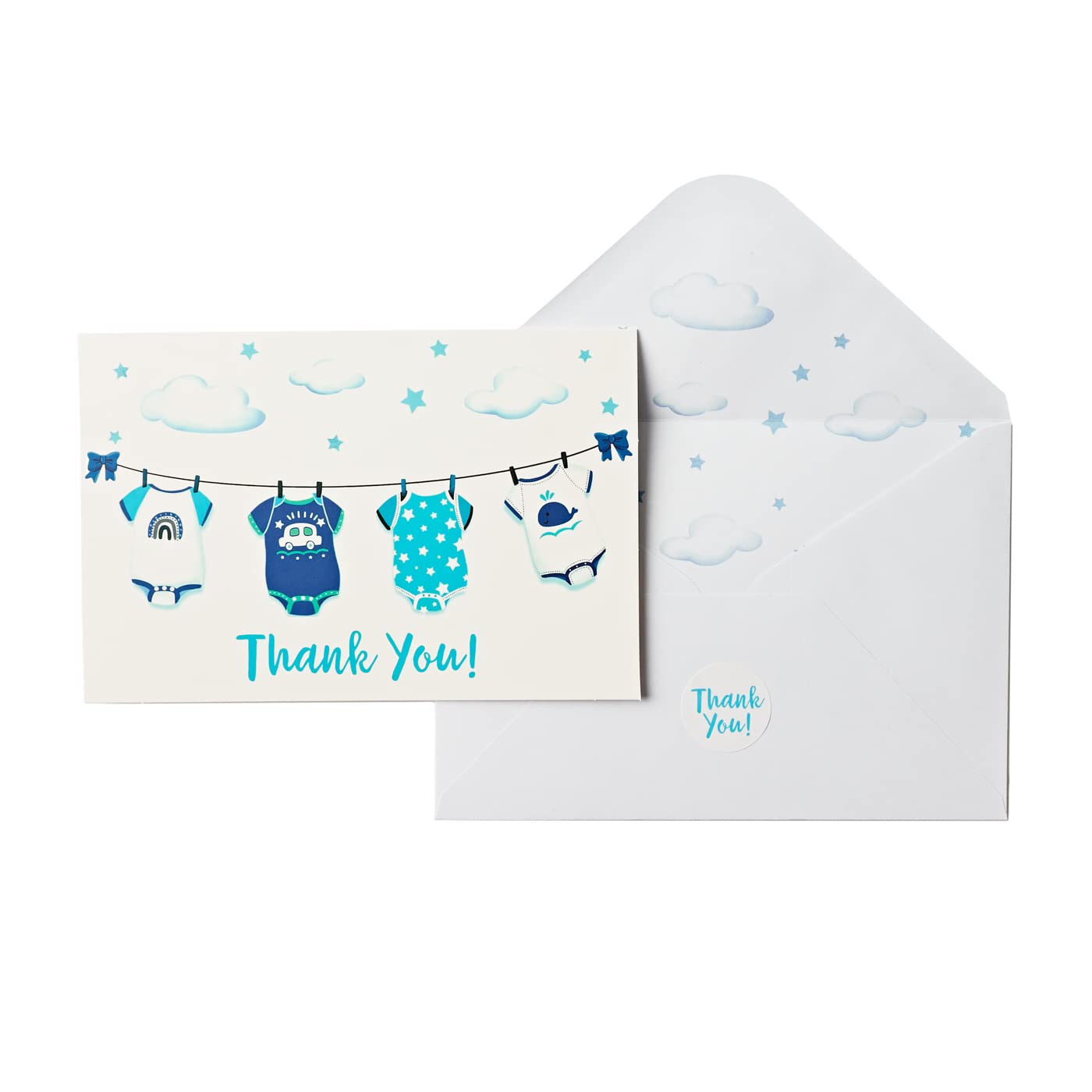 All Ewired Up 50 Boxed Set Clothesline Onesie Boy Thank You Cards for Baby Shower with Designed Envelope and Matching Seals