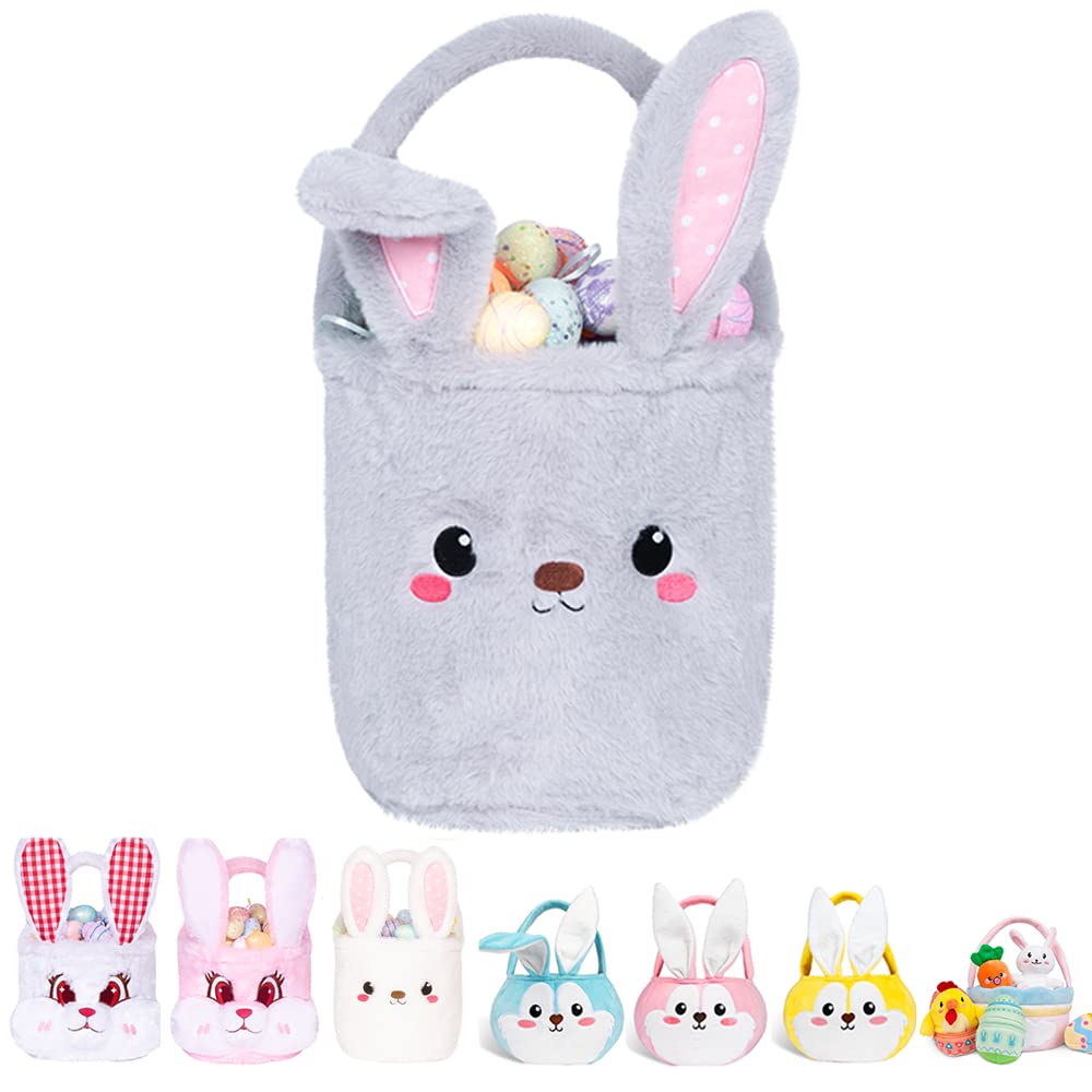 Bunny Easter Basket for Kids, Cute Plush Empty Bucket with Foldable Ears and Handle Egg Hunt Tote Candy Bag Basket for Boy Girl Teens Gift, Easter Basket Decor Grey 9×9 Inch