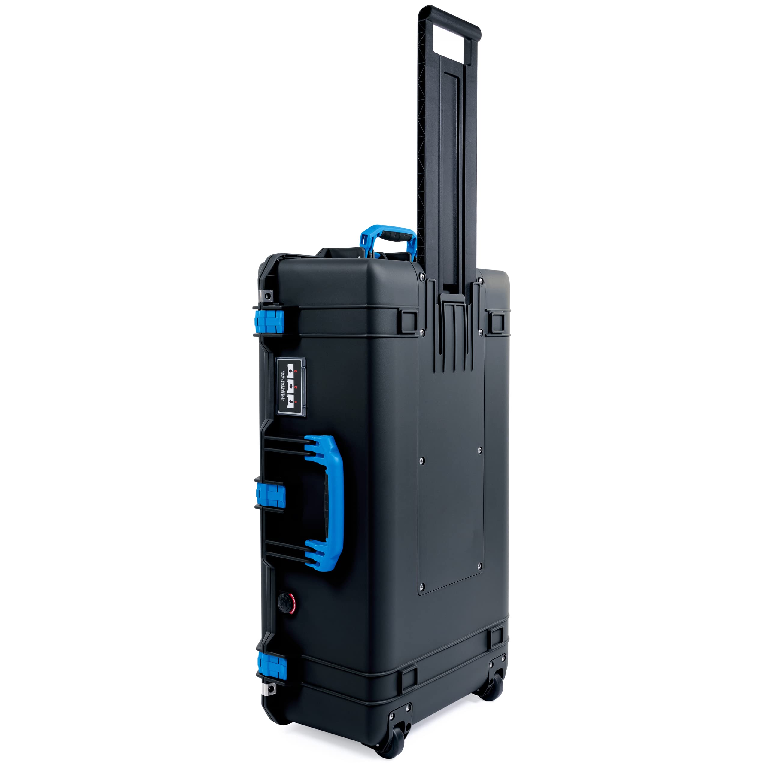 Pelican Color Case Black Pelican 1615 Air case with Blue Handles & latches. Comes with Foam & with Wheels.