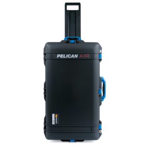 Pelican Color Case Black Pelican 1615 Air case with Blue Handles & latches. Comes with Foam & with Wheels.