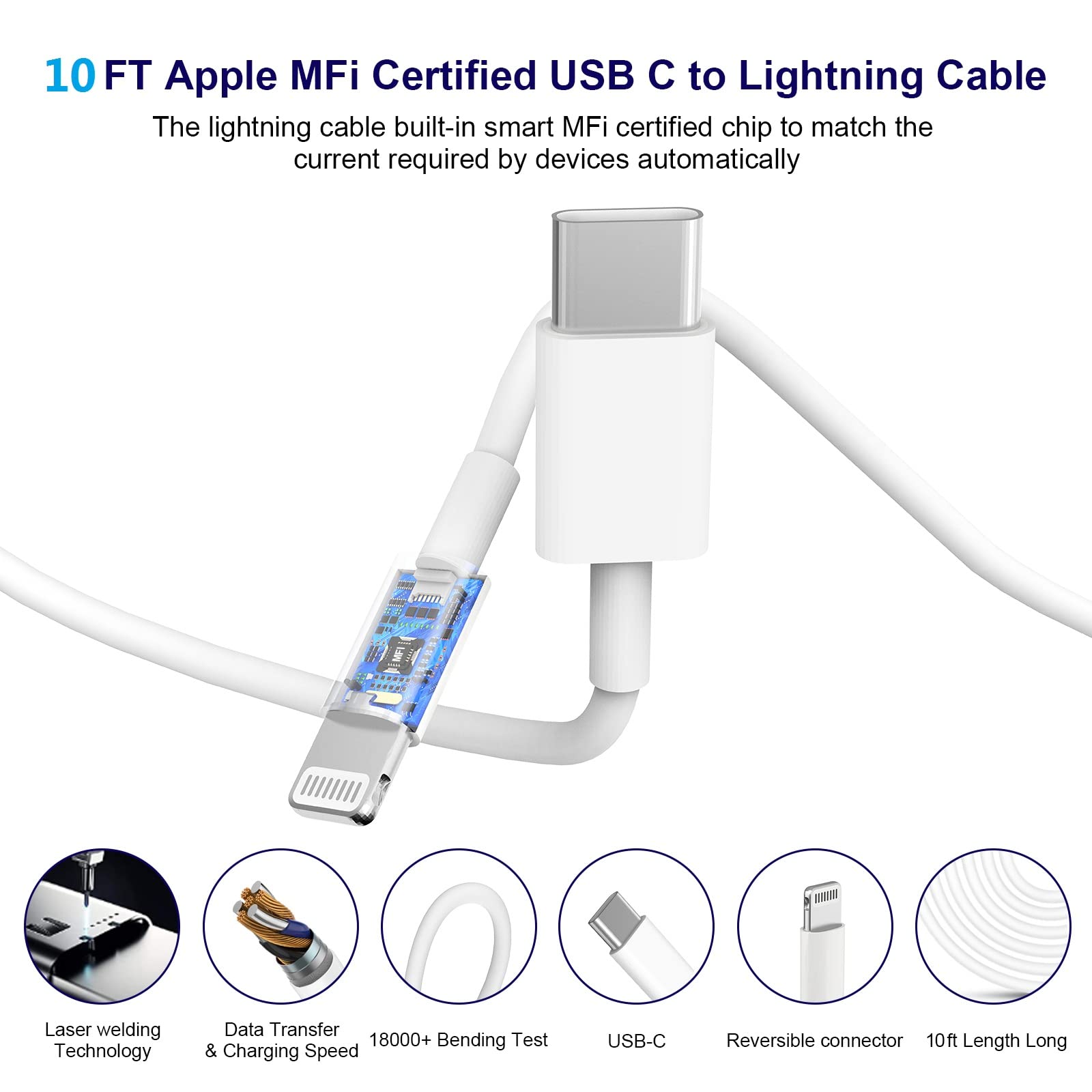 FUHAYA iPhone Charger 10 FT, [MFi Certified] 2 Pack 20W USB-C Charger Fast Charging Block with 10FT Long USB C to Lightning Cable Compatible for iPhone 14/14 Plus/14 Pro/14 Pro Max/13/12/11/XS/XR/X/8