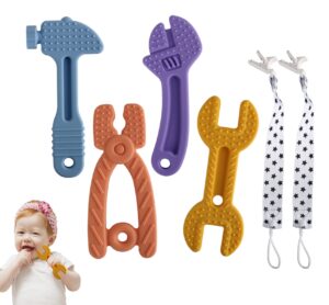 chuya baby teether toys, baby chew toy for babies 3-12 months, baby teething toys teethers teething relief for infant toddlers, hammer wrench toys easy to hold silicone bpa-free (4 pack)