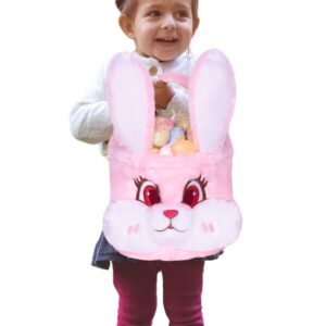 bunny easter basket for kids, 3d cute plush empty bucket with foldable ears and handle egg hunt tote candy bag basket for boy girl teens gift, easter basket decor pink