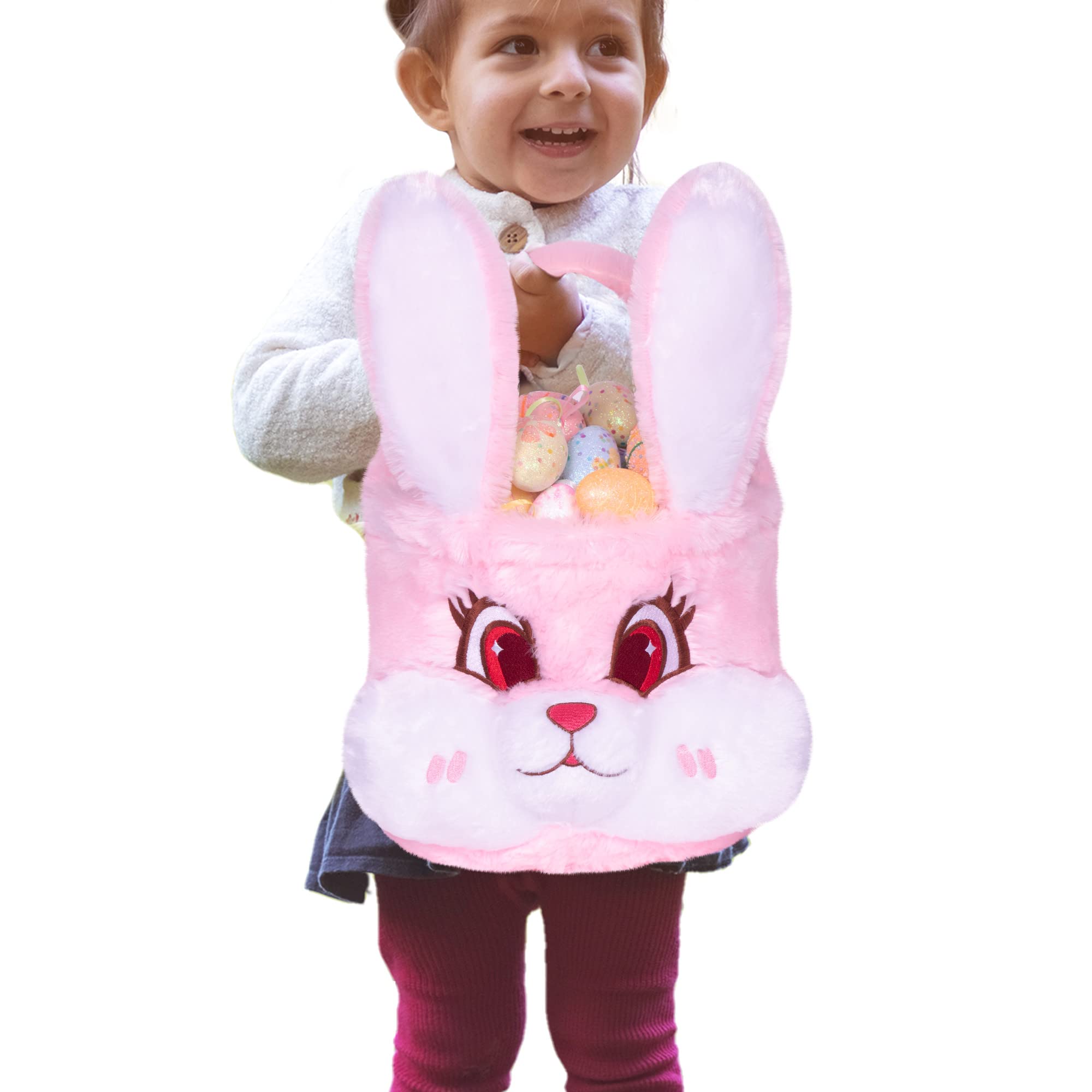 Bunny Easter Basket for Kids, 3D Cute Plush Empty Bucket with Foldable Ears and Handle Egg Hunt Tote Candy Bag Basket for Boy Girl Teens Gift, Easter Basket Decor Pink