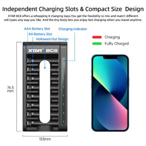 Charge Multiple AAA Rechargeable Batteries Simultaneously with the XTAR BC8 Smart AA AAA Charger - 8 Bays for 1.5V Lithium and 1.2V Ni-Mh Ni-Cd Rechargeable Batteries (BC8 Charger+QC3.0)