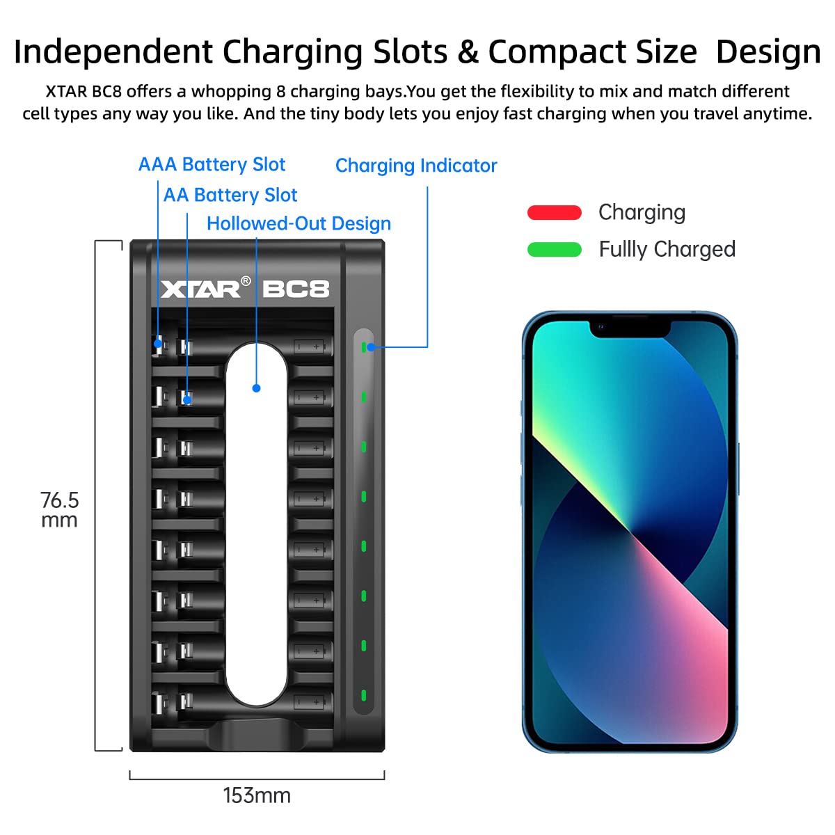 Charge Multiple AAA Rechargeable Batteries Simultaneously with the XTAR BC8 Smart AA AAA Charger - 8 Bays for 1.5V Lithium and 1.2V Ni-Mh Ni-Cd Rechargeable Batteries (BC8 Charger+QC3.0)