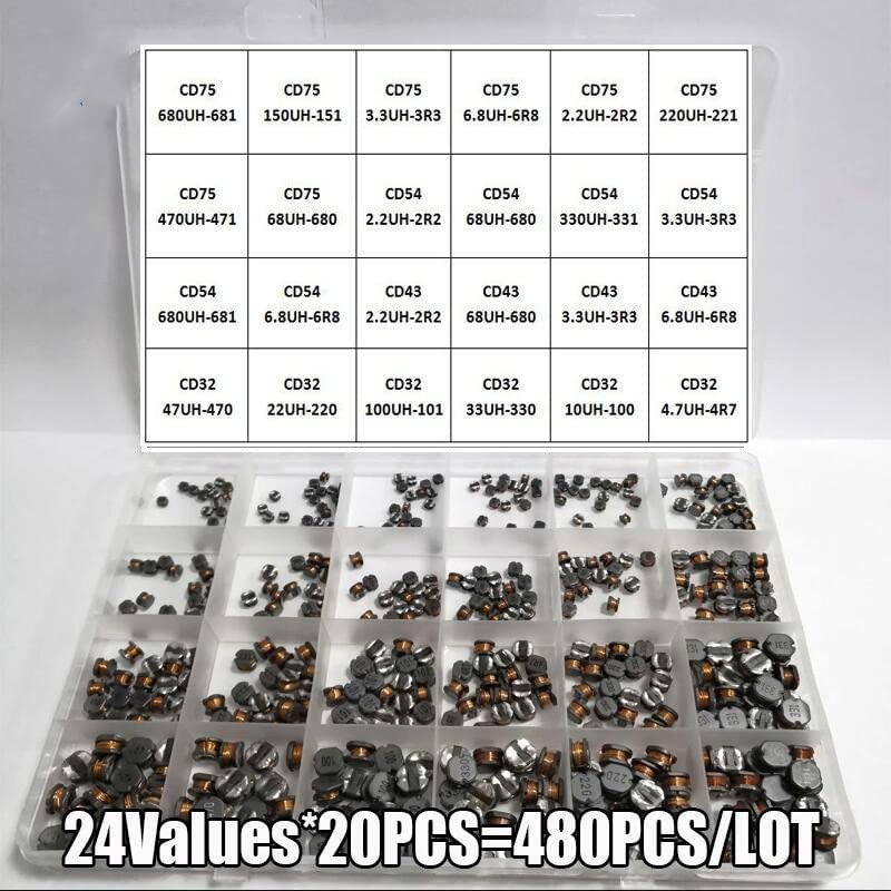 480PCS CD32 CD43 CD54 CD75 24Value Power Inductance Shielded Inductor SMD 2.2/3.3/4.7/10/15/22/33/47/68/100/150/220/330-680UH (Resistance : 24Kinds-CD43-CD75)