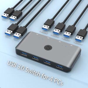 usb 3.0 switcher selector 4 computers sharing 4 usb devices aluminum kvm switch hub adapter for mouse keyboard scanner printer pc, kvm console box with one button swapping and 4 pack usb cable