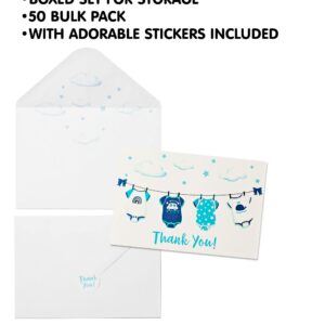 All Ewired Up 50 Boxed Set Clothesline Onesie Boy Thank You Cards for Baby Shower with Designed Envelope and Matching Seals