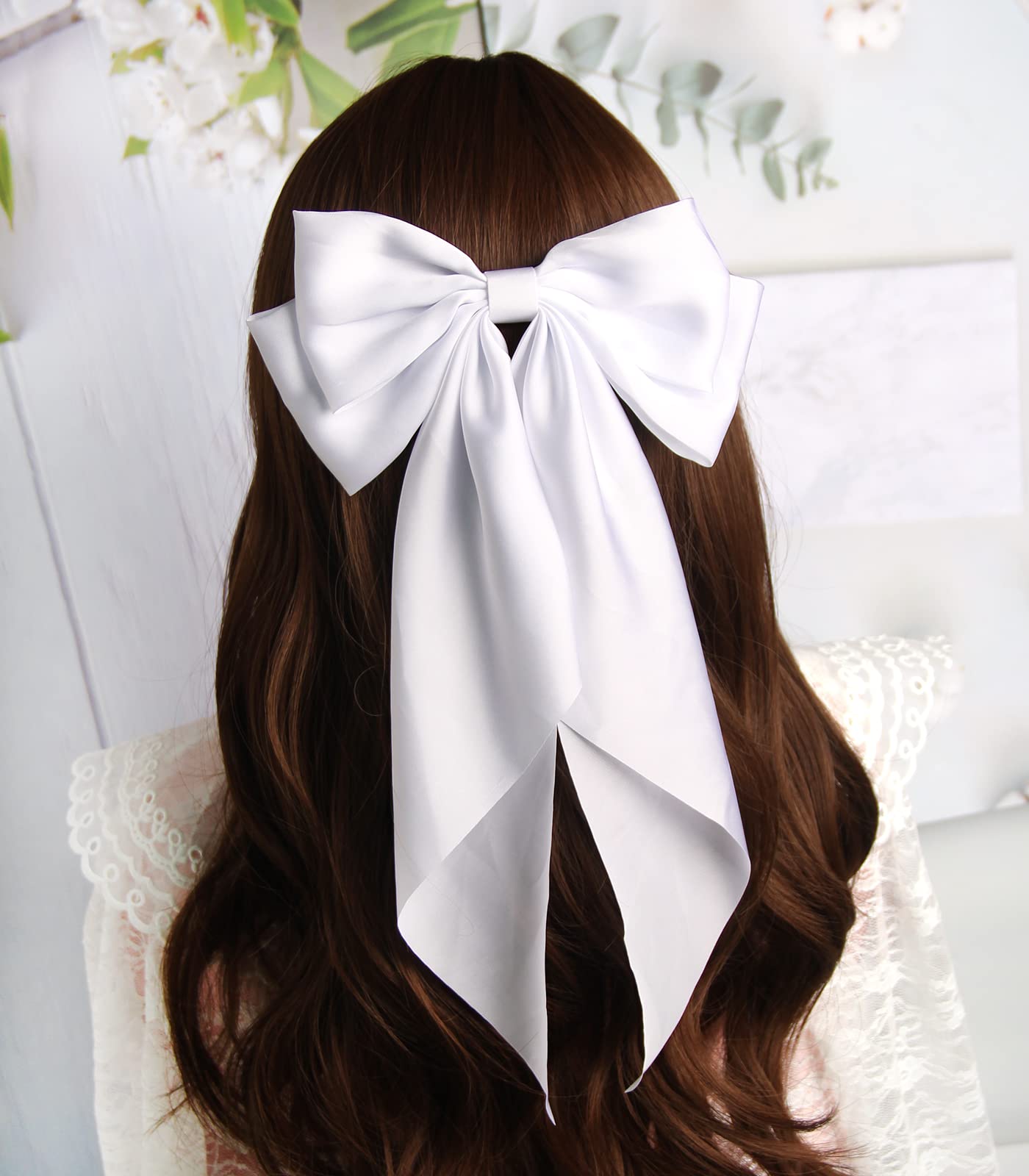 SUSULU Hair Bows for Women Oversized Black White Hair Bow Clips Big Hair Bow Long Tail Large Satin Silky Hair Ribbon Bow Clip Ponytail Hair Accessories for Adult Teens,Pack of 2