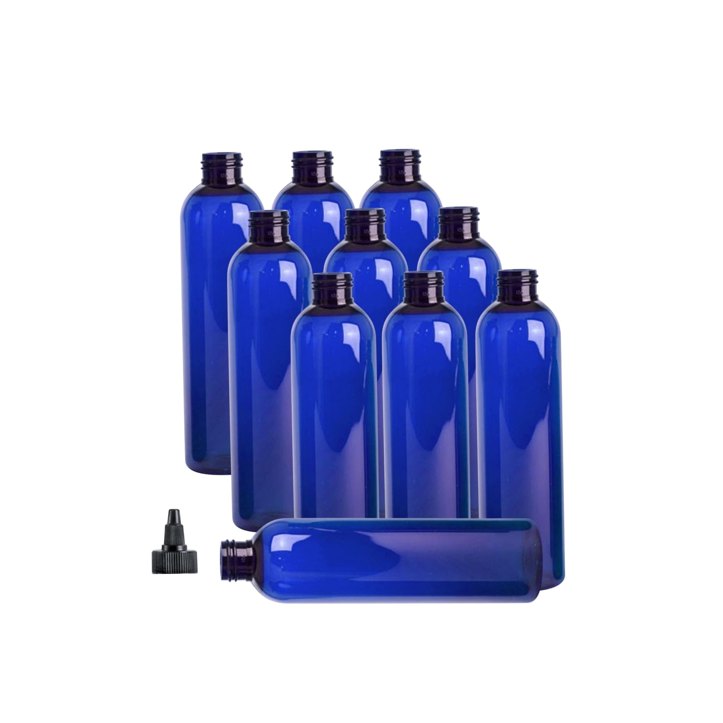 kelkaa 8oz Cosmo Round Blue PET Plastic Bottles with Black Twist Caps for Shampoo, Conditioner, Body Soap, Lotion, Multi-Purpose Empty Refillable Containers, BPA Free (Pack of 10)