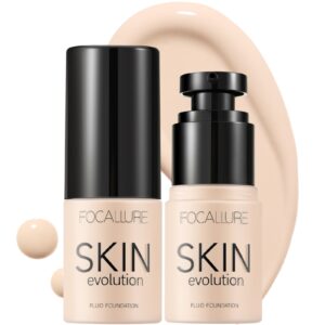 focallure 2 pcs liquid foundation, skin evolution foundation + concealer, full coverage foundation makeup, durable, waterproof, oil-control, hides wrinkles & lines, alabaster