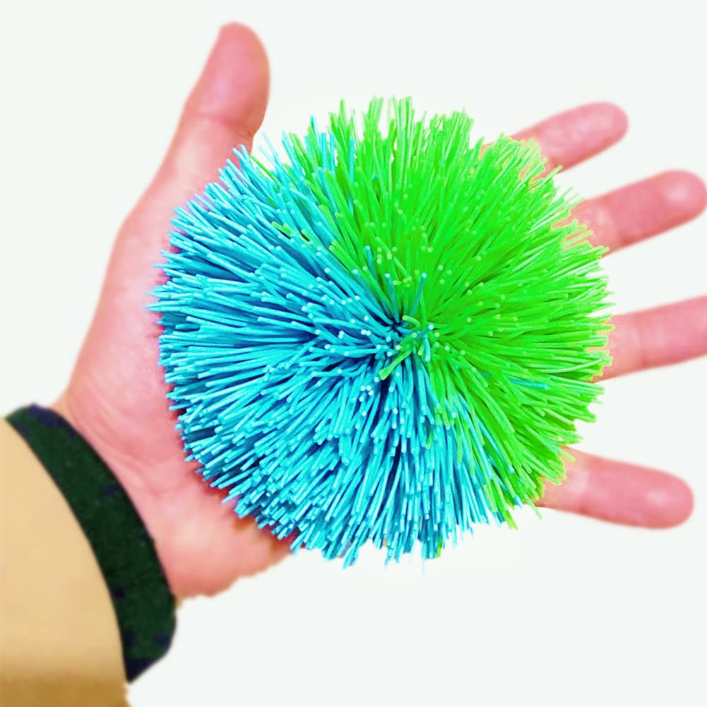 4.5Inch Large Rainbow Stringy Ball Silicone Bouncing Fluffy Jugging Ball,Monkey Stress Ball (Blue+Green)