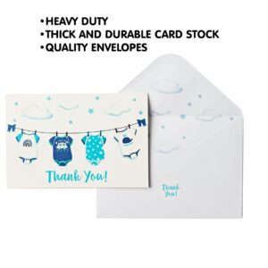 All Ewired Up 50 Boxed Set Clothesline Onesie Boy Thank You Cards for Baby Shower with Designed Envelope and Matching Seals